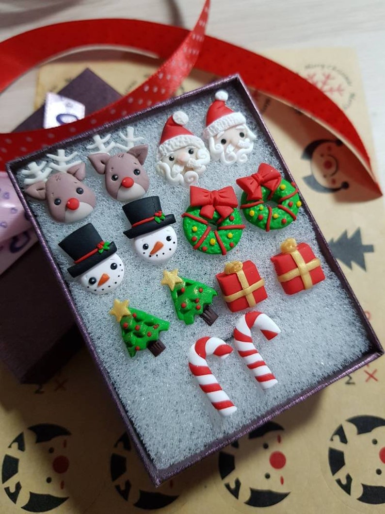 Christmas studs set fimo clay polymer clay cute kawaii santa | Etsy