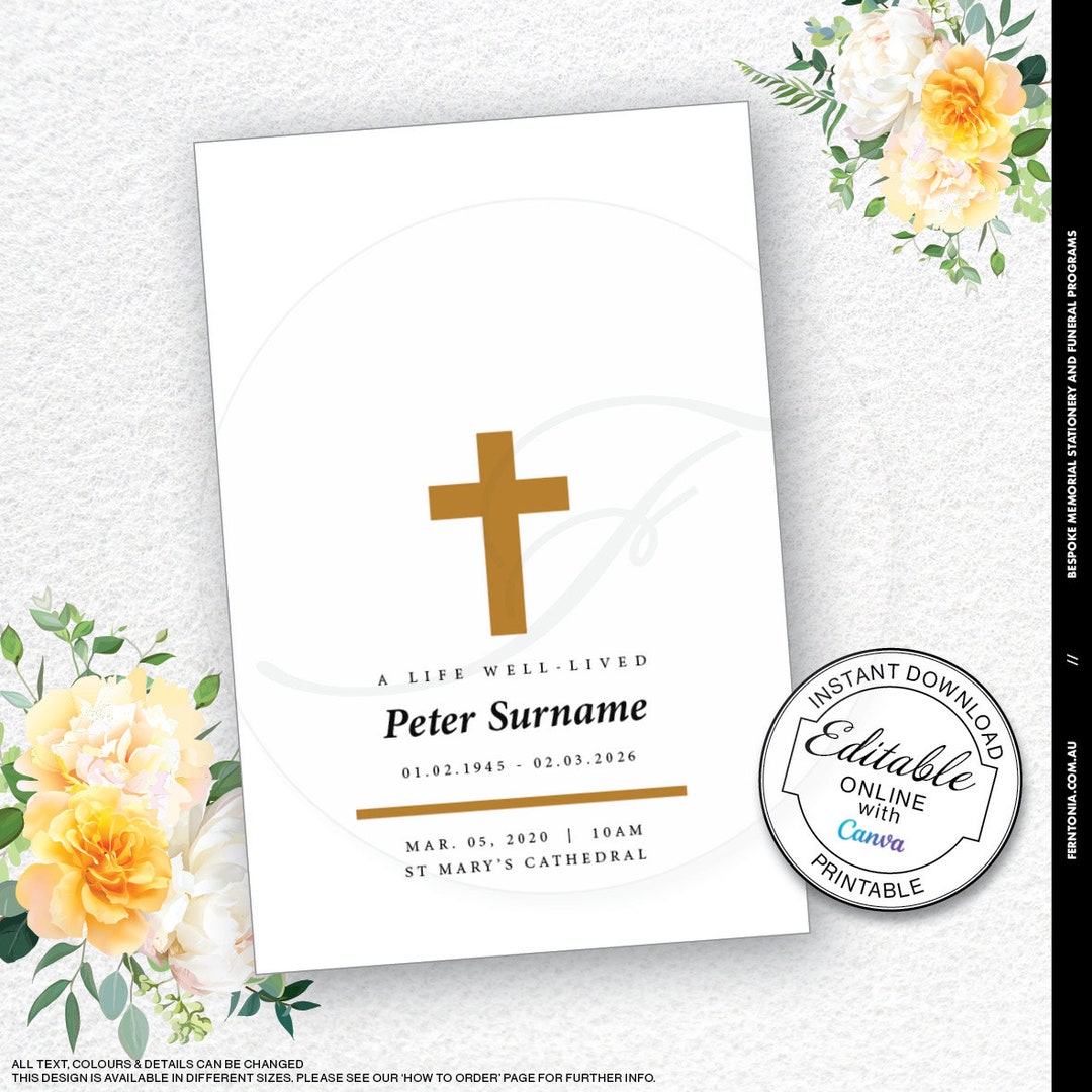 Editable, Cross, Funeral Program, Memorial Keepsake, Order of Service ...