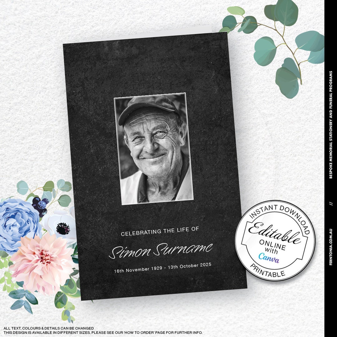 Editable, Male, Simple, Funeral Card, Memorial, Order of Service ...