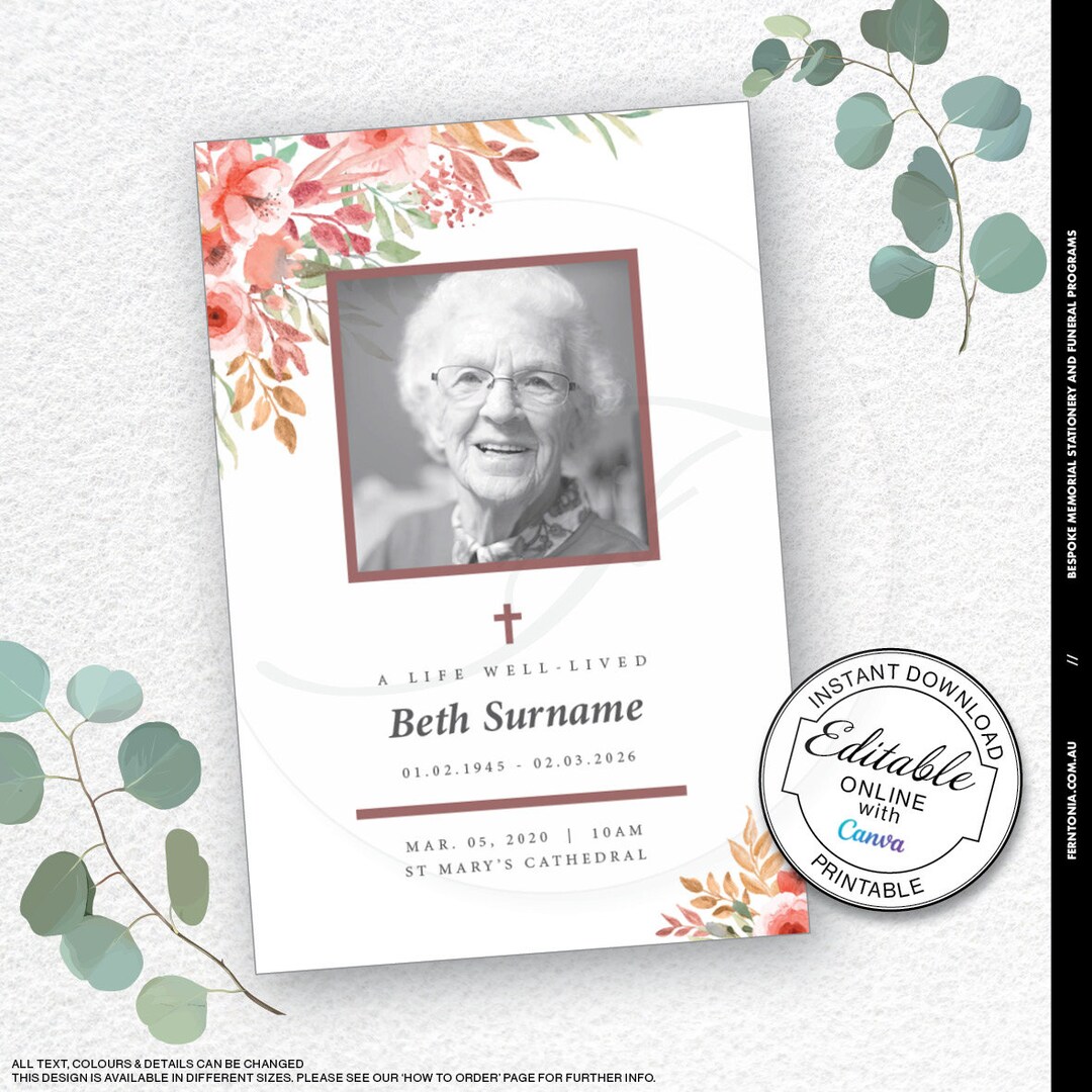 Editable, Female, Funeral Program, Memorial Keepsake, Order of Service ...