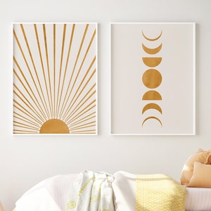 Sun and Moon Phases Art Print Boho Decor Set of 2 Yellow and - Etsy Canada