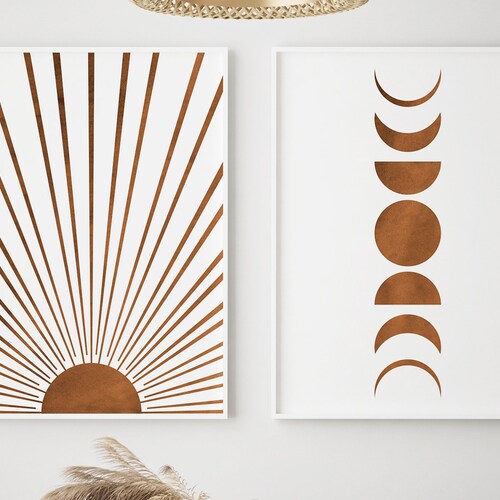 Sun and Moon Phases Art Print Boho Decor Set of 2 Burnt - Etsy