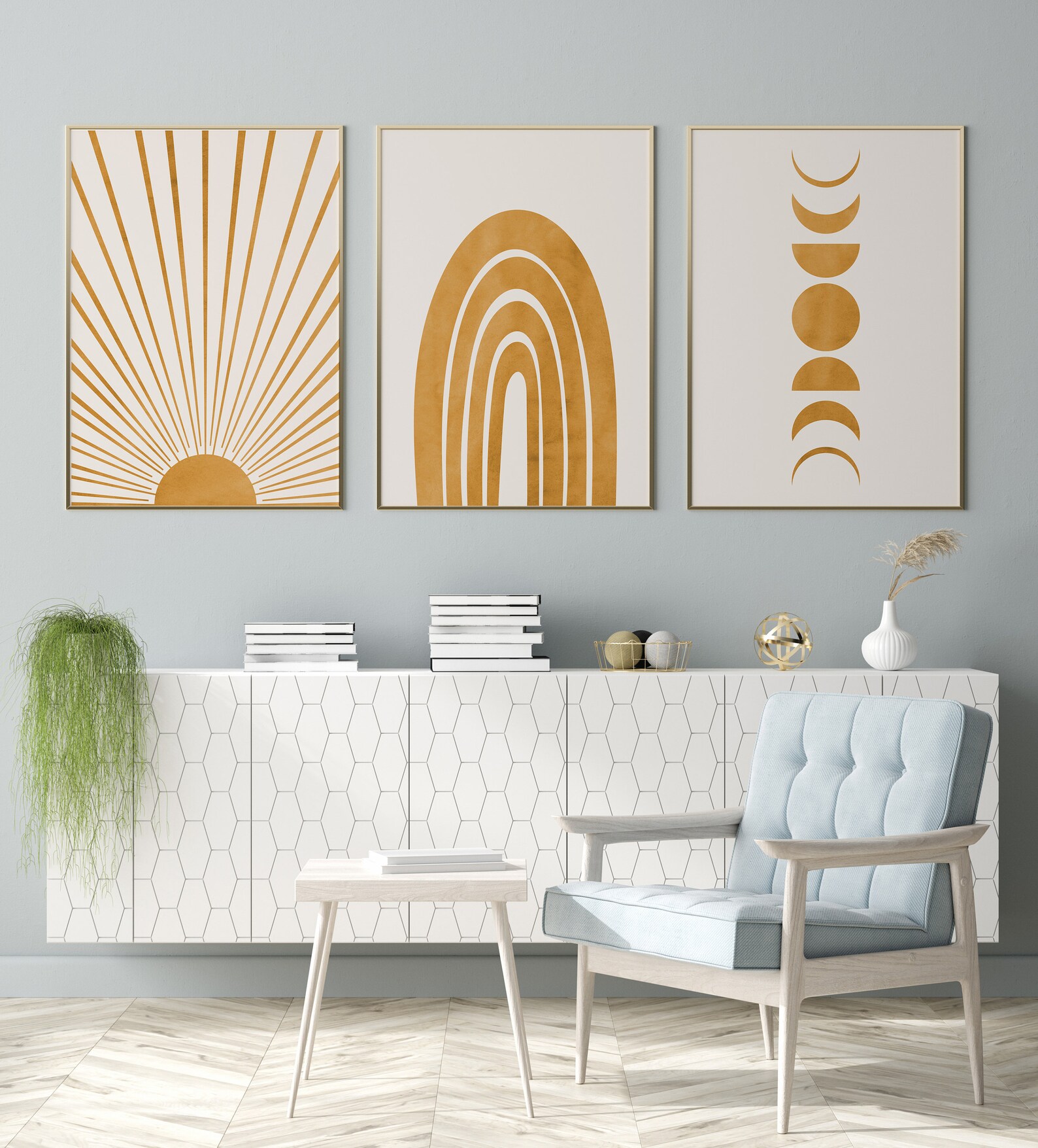 Sun Moon Phases and Rainbow Art Print Boho Decor Set of 3 Mid | Etsy