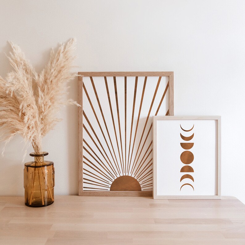 Láminas artísticas de las fases del sol y la luna: decoración bohemia ...