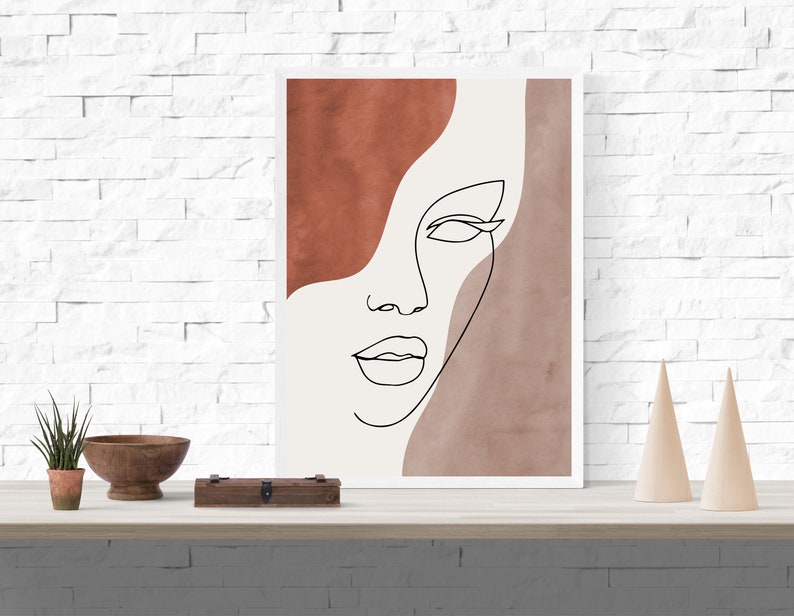 Abstract Woman Face Line Art Print: Earth Tones Boho Decor (digital ...