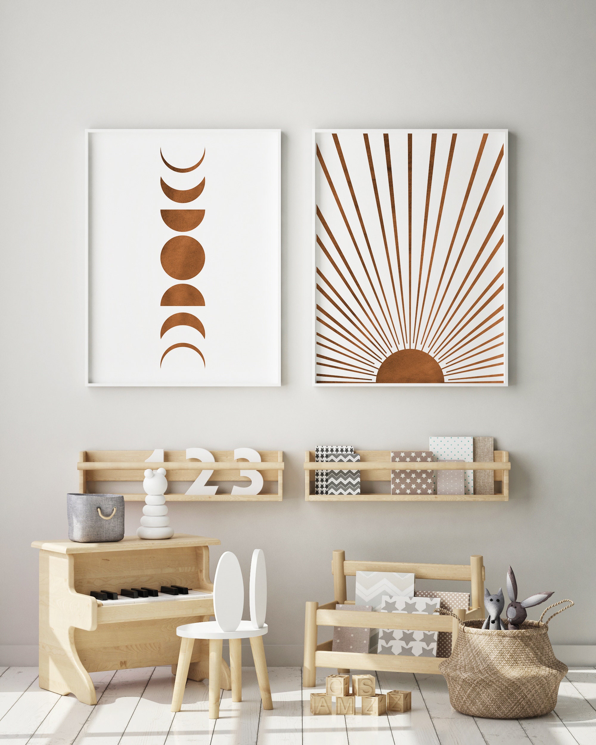 Sun and Moon Phases Art Print Boho Decor Set of 2 Burnt | Etsy