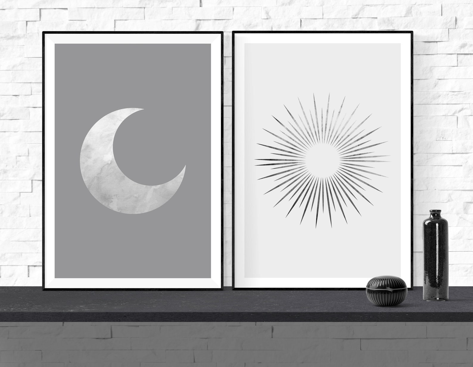 Sun and Moon Art Print Wall Decor Set of 2 Mid Century Modern | Etsy