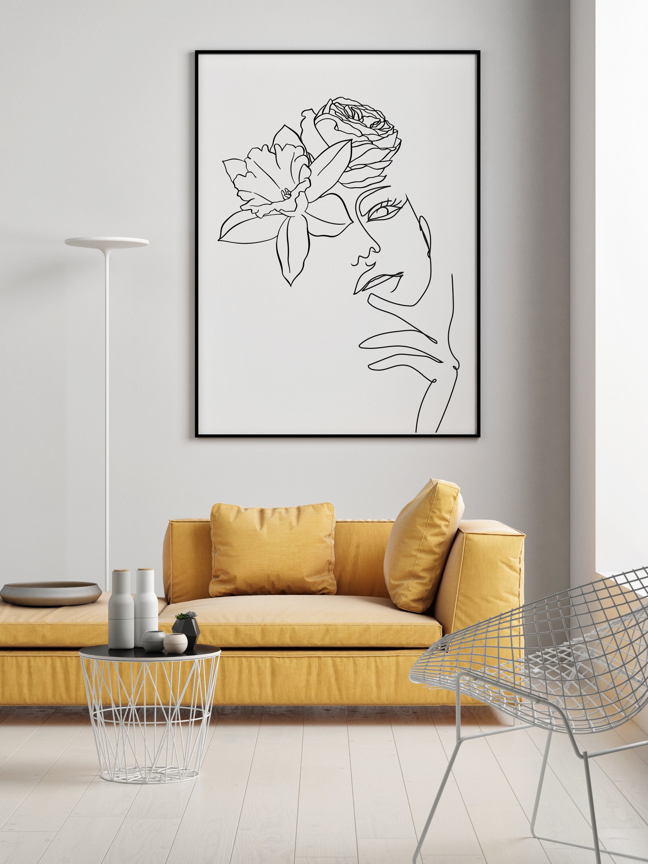 Line Art Woman Flower Crown Printable Wall Decor Minimalist Floral ...