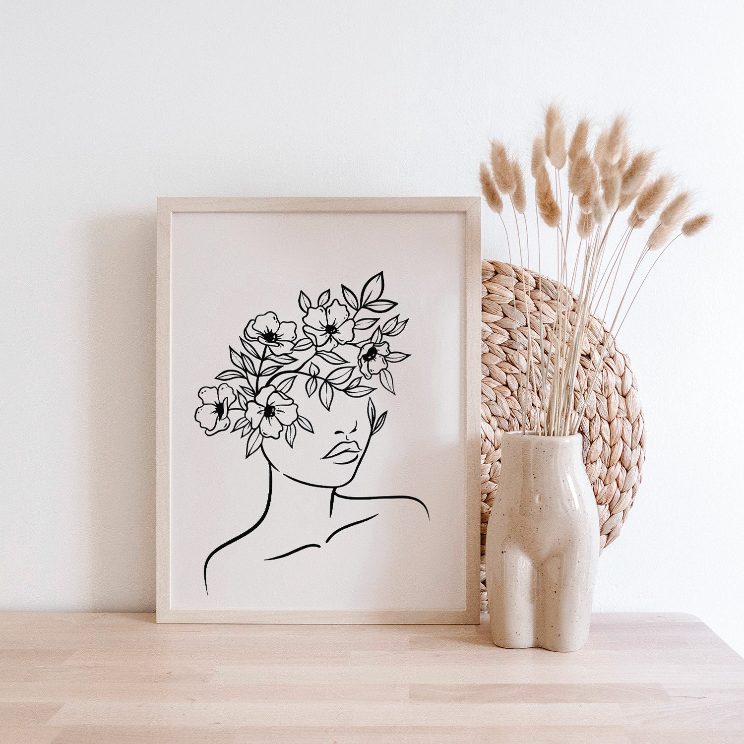 Abstract Woman With Flowers Line Art Print Female Face Line - Etsy
