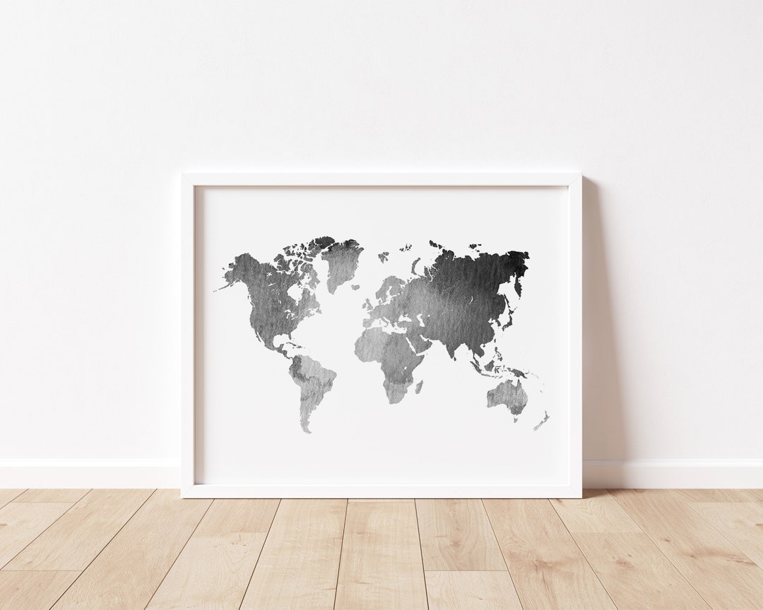 World Map Black and White Printable Art, Large Watercolor Travel Map ...