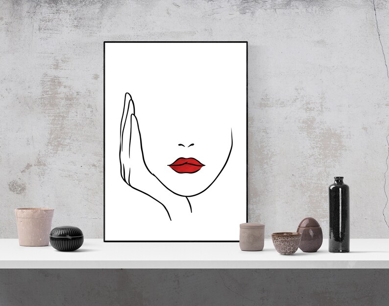 Line Art Woman With Red Lips: Minimalist Printable Wall Art (digital ...