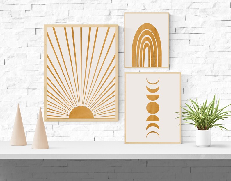 Sun Moon Phases and Rainbow Art Print Boho Decor Set of 3 Mid | Etsy