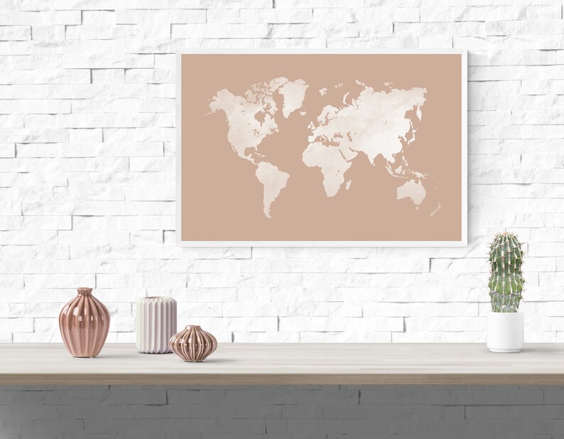 World Map Neutral Colors Printable Art Large Travel Map Wall | Etsy