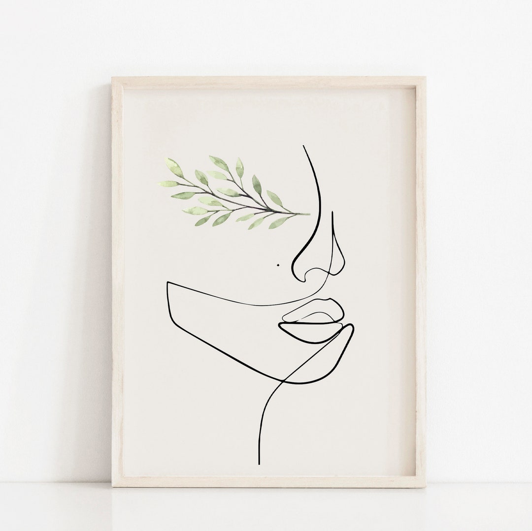 Abstract Woman Face Line Art Print: Boho Leaves Decor (digital Download ...