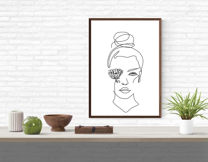 Minimalist Woman Line Art Print: Floral Eye, Boho Face (digital ...