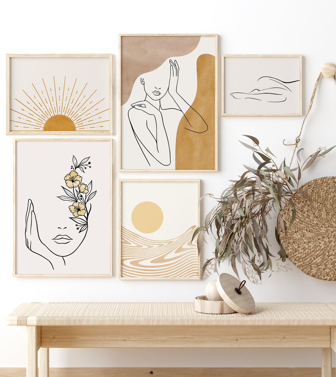 Gallery Wall Boho Decor Printable Art Set of Five, Female Figure Face ...