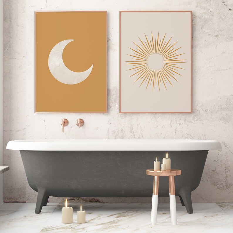 Sun And Moon Art Print Wall Decor Set Of 2 Mid Century Modern Etsy