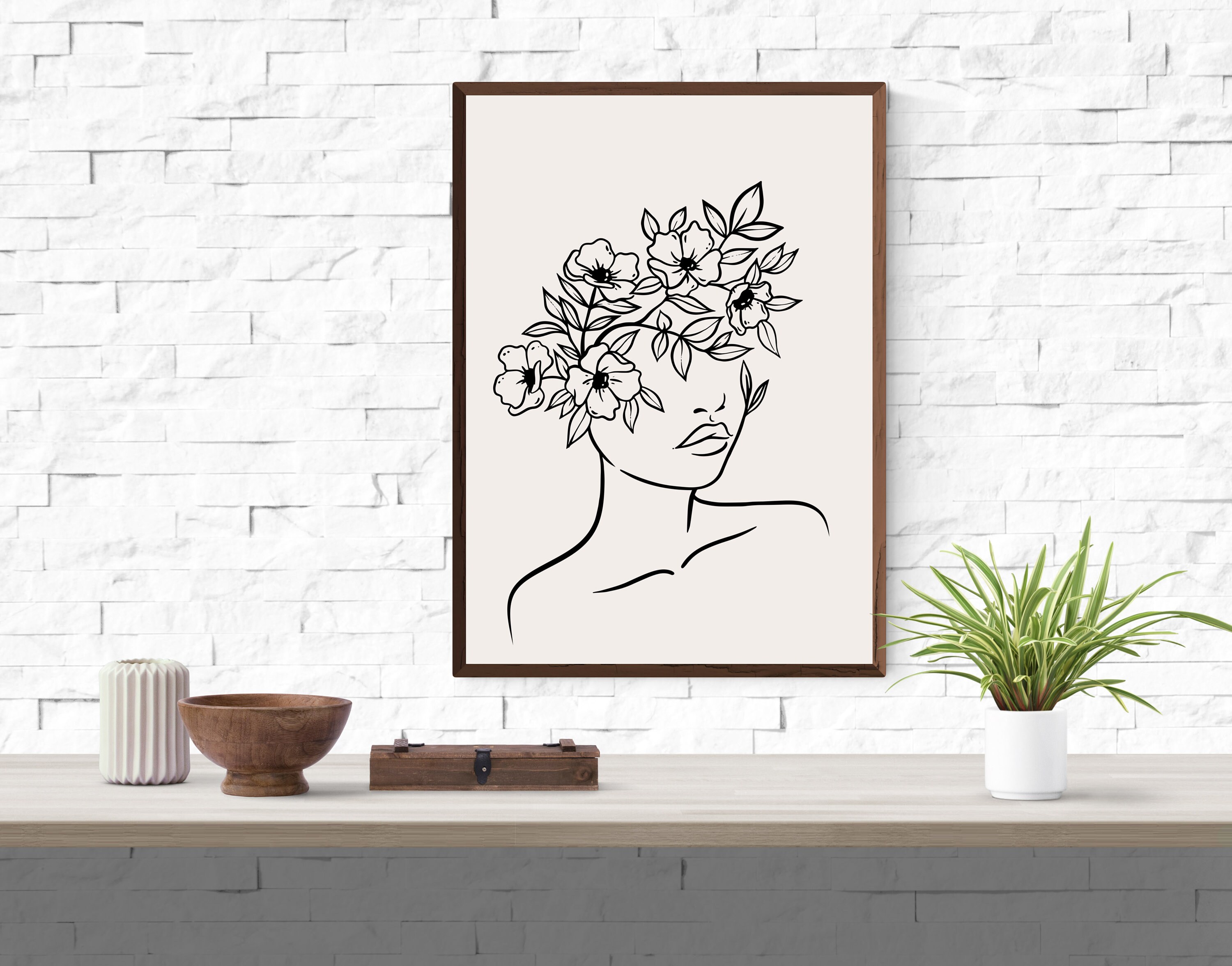 Abstract Woman With Flowers Line Art Print Female Face Line - Etsy