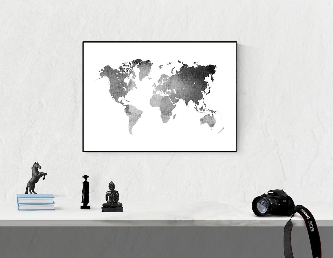 World Map Black and White Printable Art Large Watercolor - Etsy