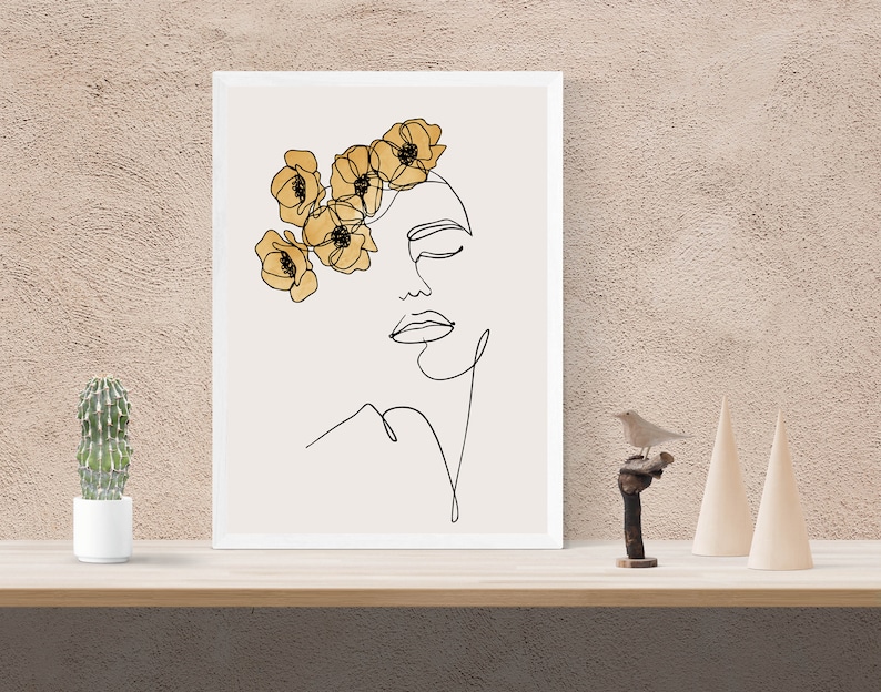 Abstract Woman with Flowers Line Art Print Female Face Single | Etsy