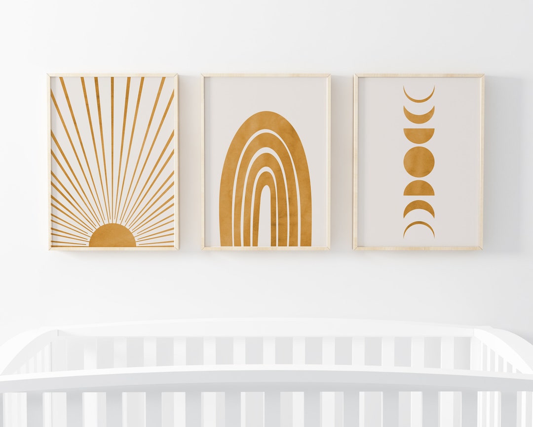 Sun Moon Phases and Rainbow Art Print Boho Decor Set of 3, Mid Century ...