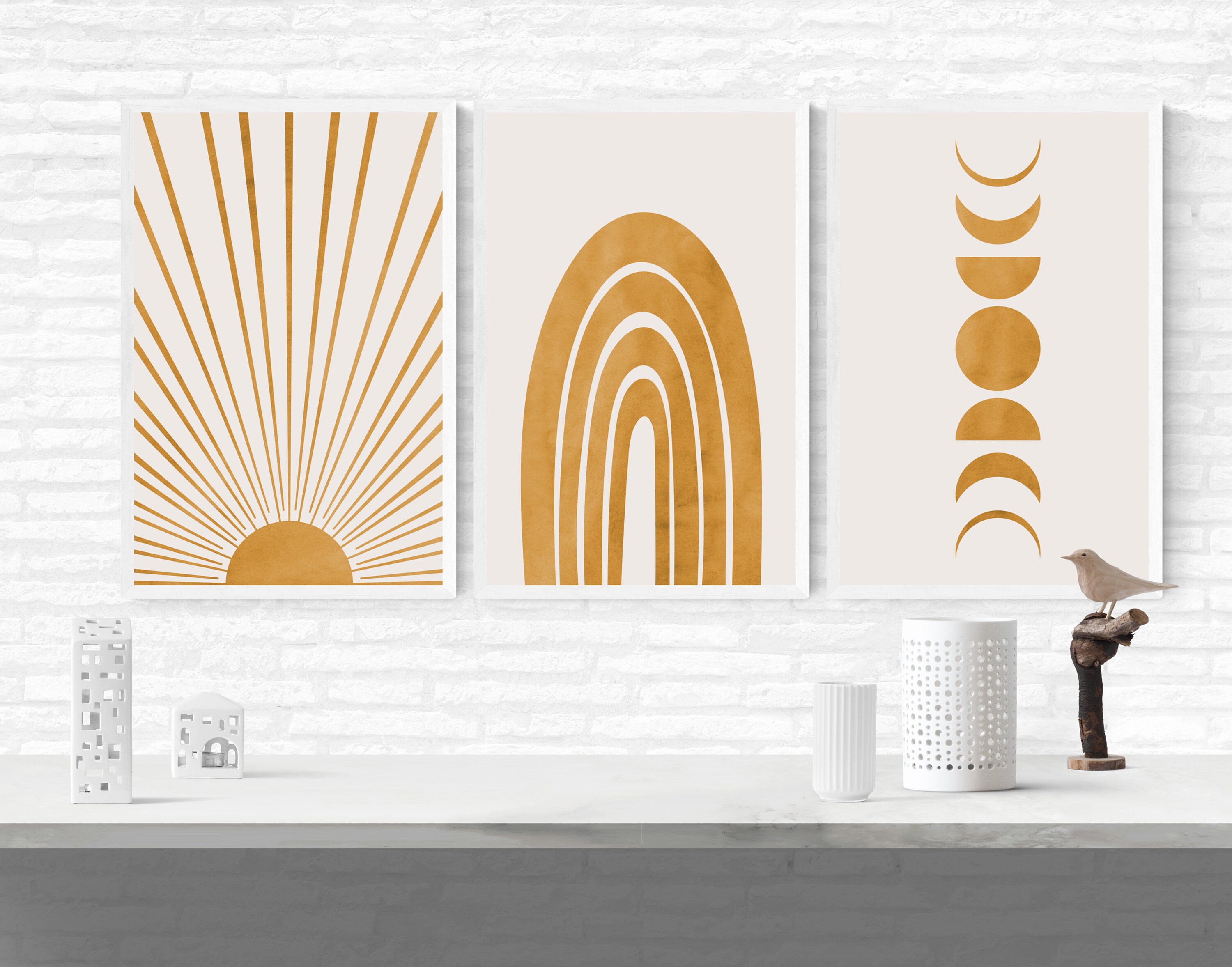 Sun Moon Phases and Rainbow Art Print Boho Decor Set of 3 Mid | Etsy