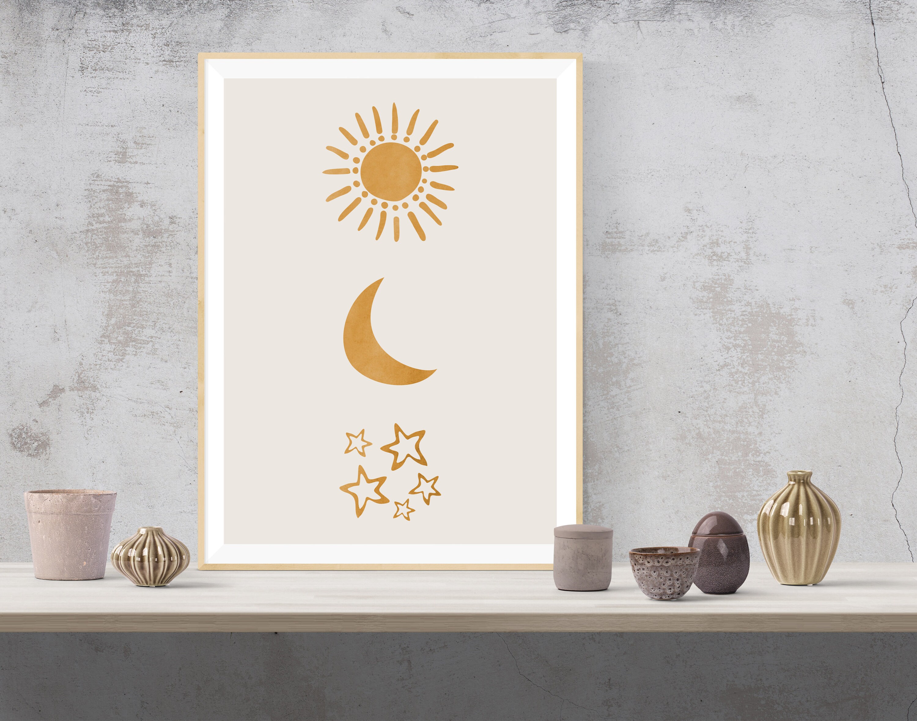 Sun Moon and Stars Printable Art Yellow Sun Moon and Stars | Etsy