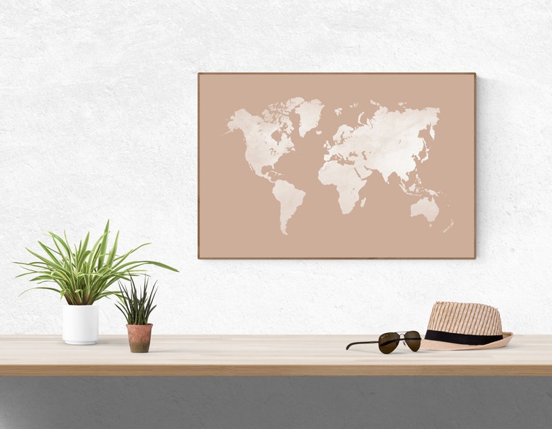 World Map Neutral Colors Printable Art Large Travel Map Wall | Etsy