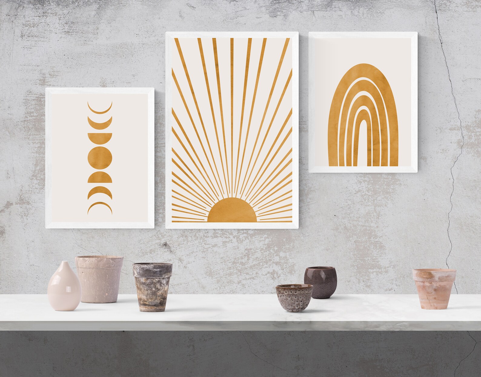 Sun Moon Phases and Rainbow Art Print Boho Decor Set of 3 Mid - Etsy