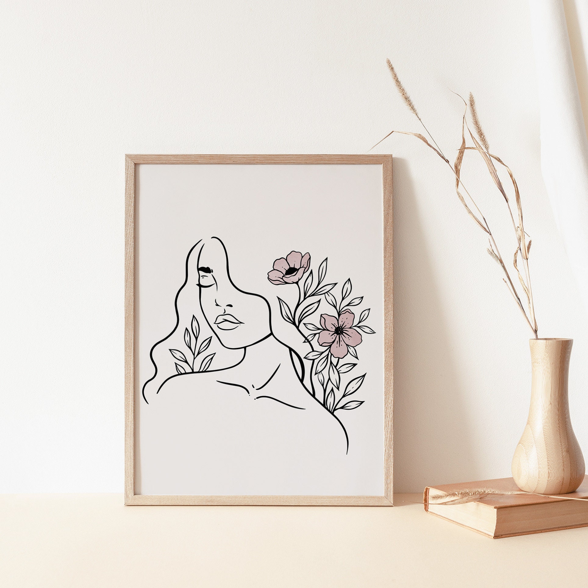 Woman with Flowers Line Art Print Female Face Neutral Colors | Etsy