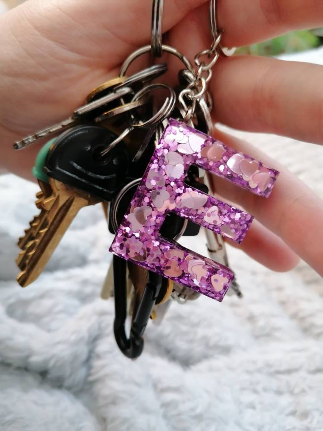 Purple Hearts and Glitter Initial or Number Keyring Gift for Women ...