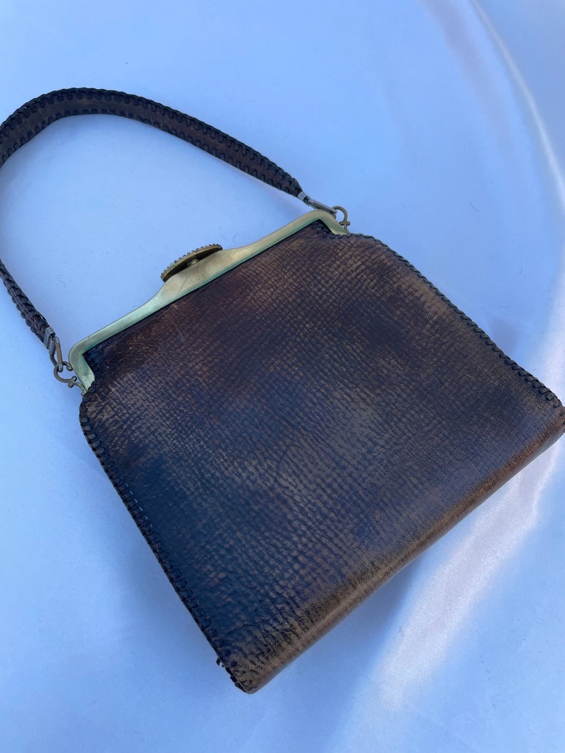 Antique 1930s Brown Tooled Leather and Metal Handbag Purse - Etsy