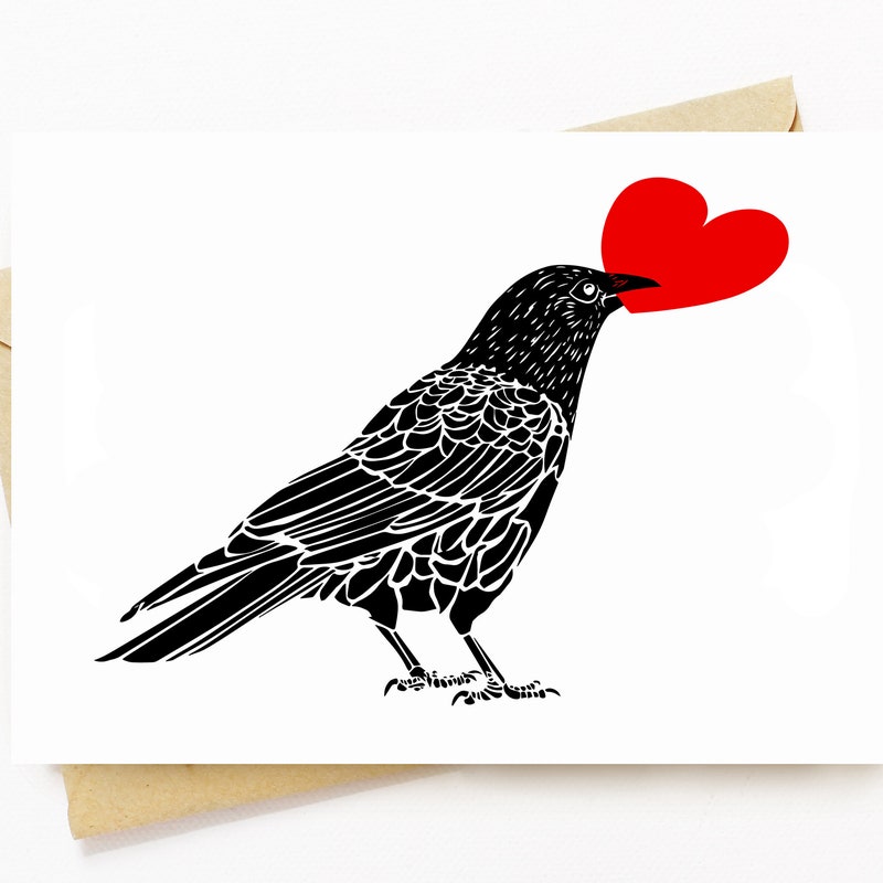 Crow With Heart Card - Etsy