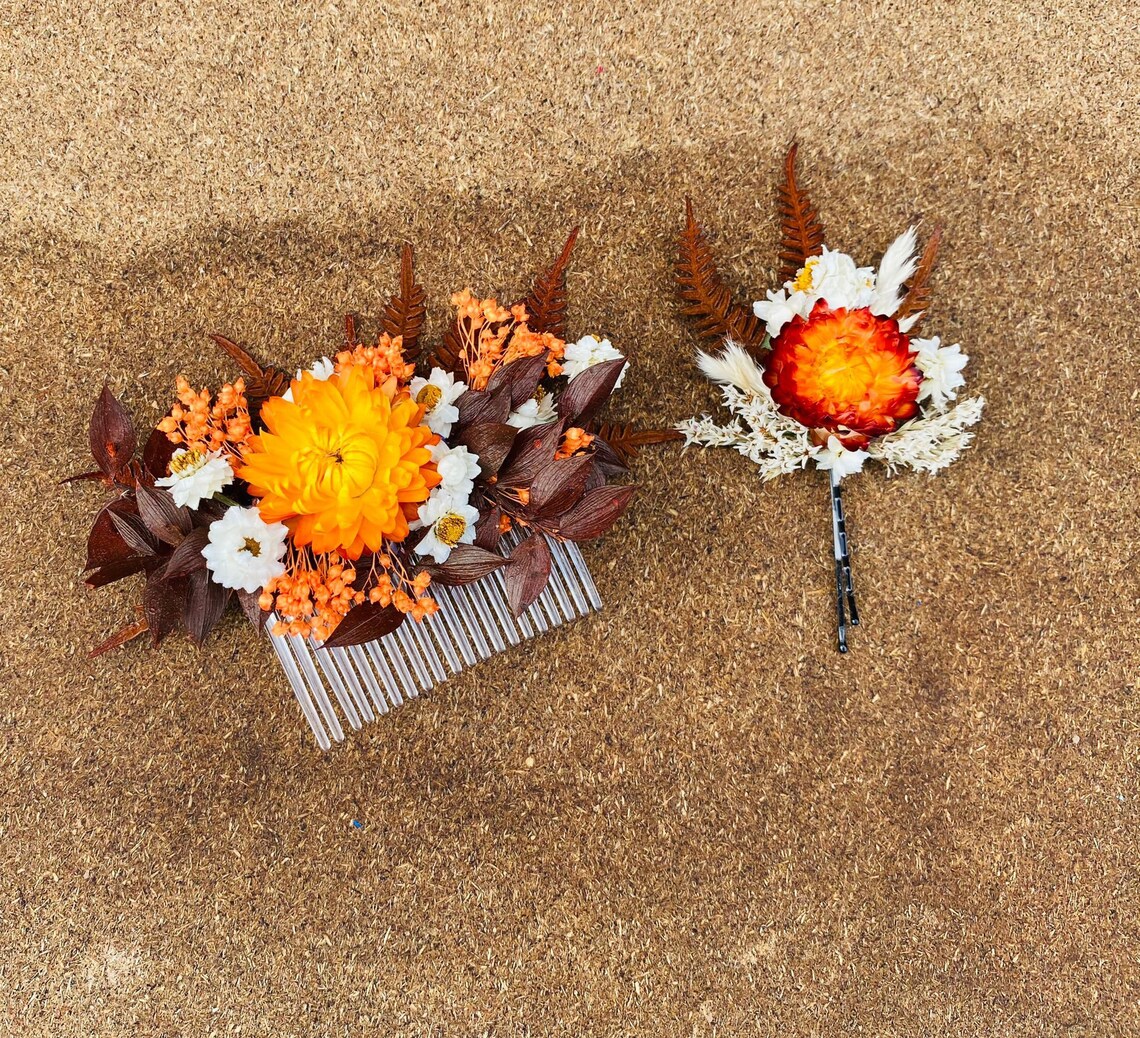 Dried Flower Hair Piece Rust Hair Comb Orange Brunt Hair | Etsy