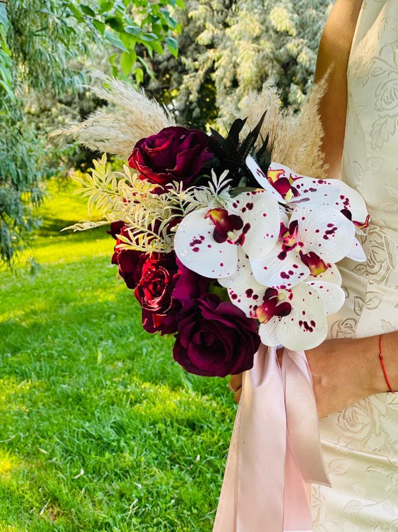 Cascade Wedding Bouquet Burgundy Bridal Bouquet Pampas Grass - Etsy Cascade Wedding Bouquet Burgundy Bridal Bouquet Pampas Grass - Etsy