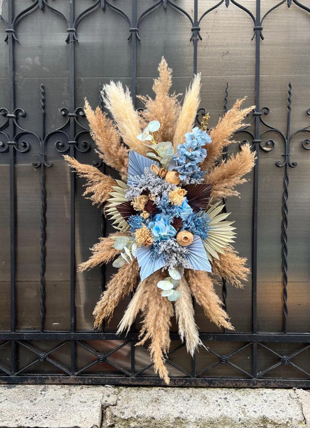 Dusty Blue Flower Arch, Pampas Grass Boho Arch, Wedding Corner Swag ...