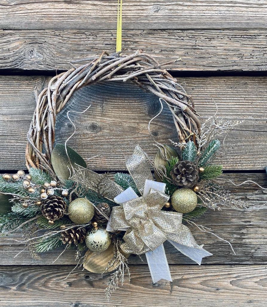 Door Wreath, Ready to SHIP Wreath, Christmas Gold Door Wreath, Rustic ...