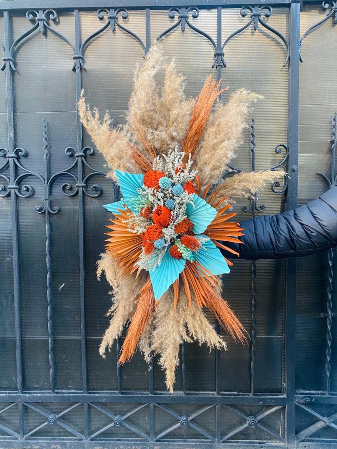 Rust Boho Flower Arch, Pampas Arch, Wedding Corner Swag, Rust and Blue ...