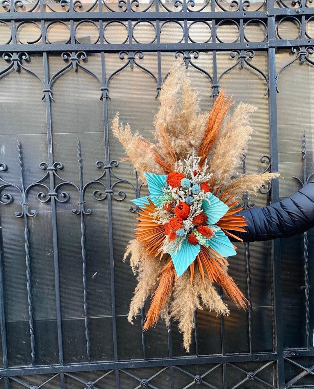 Rust Boho Flower Arch, Pampas Arch, Wedding Corner Swag, Rust and Blue ...