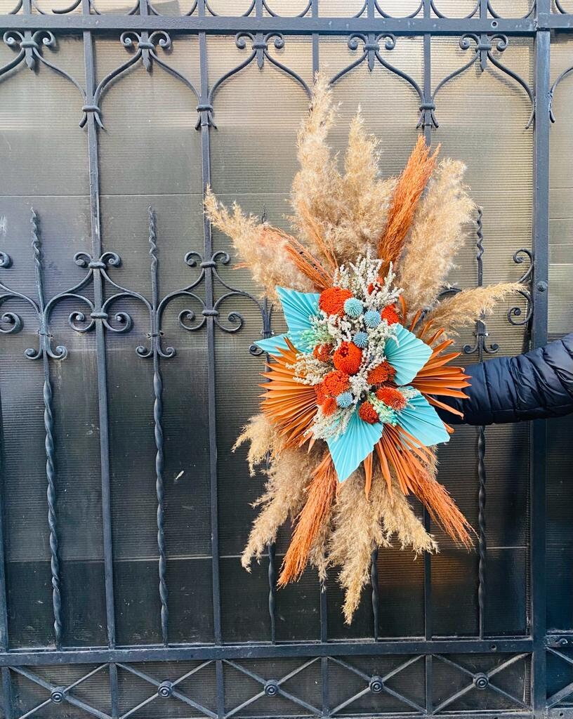 Rust Boho Flower Arch, Pampas Arch, Wedding Corner Swag, Rust and Blue ...