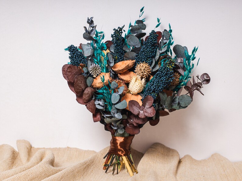 Teal Bridal Bouquet Dried Teal Flowers Bouquet Dried Rust - Etsy