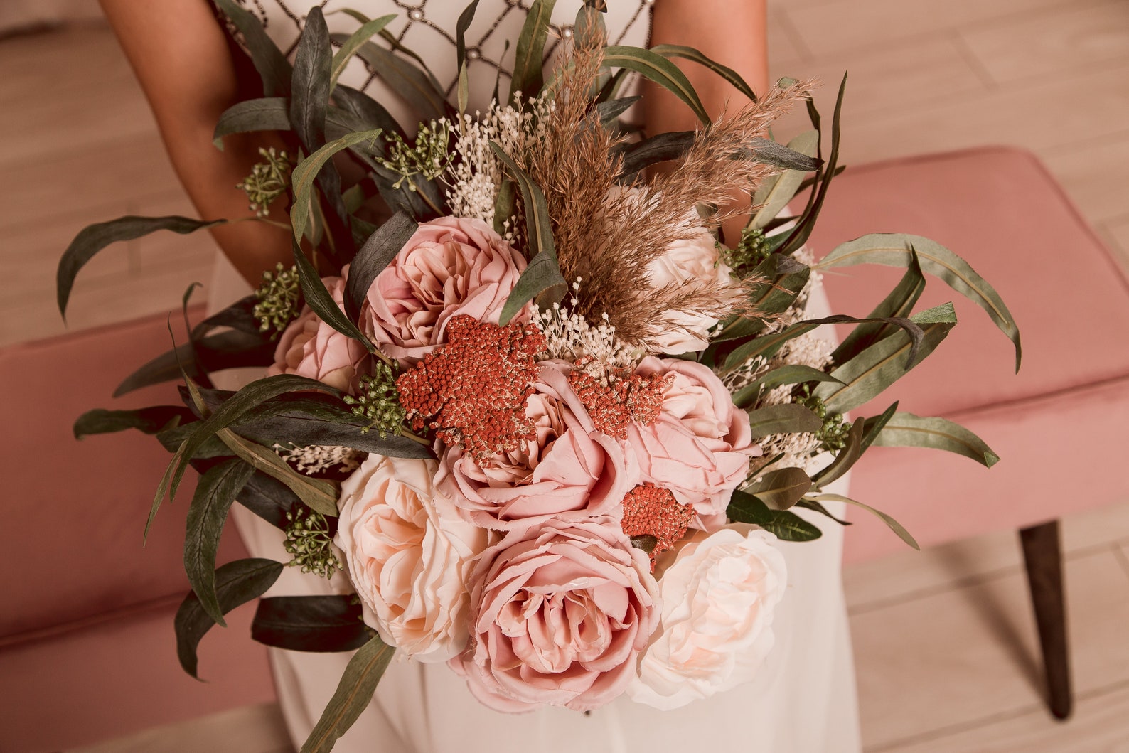 Dusty Pink Bridal Bouquet Peony Bouquet Pampas Grass Bride - Etsy