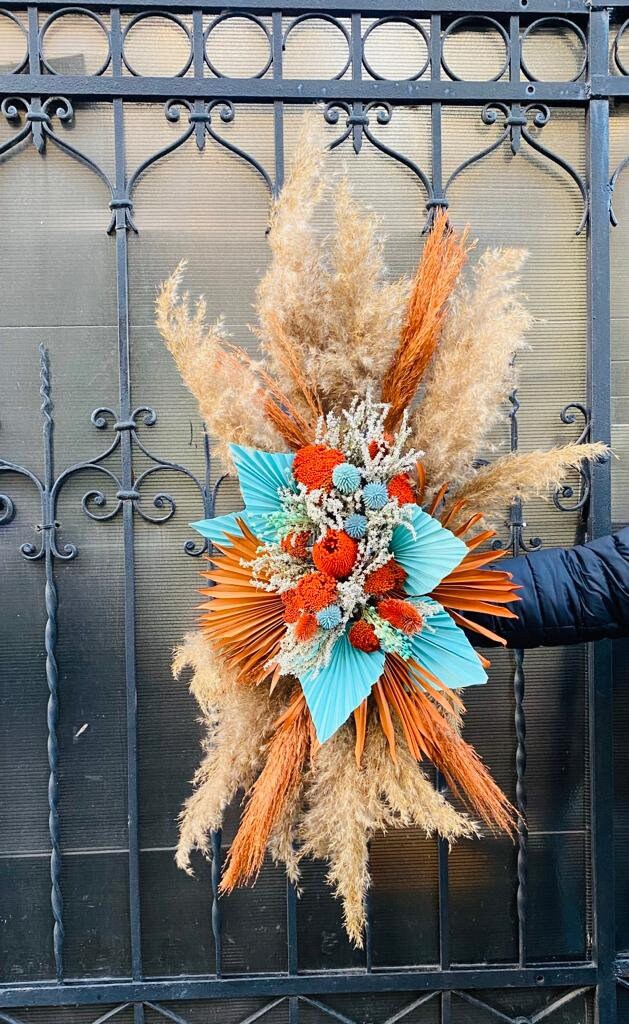 Rust Boho Flower Arch, Pampas Arch, Wedding Corner Swag, Rust and Blue ...