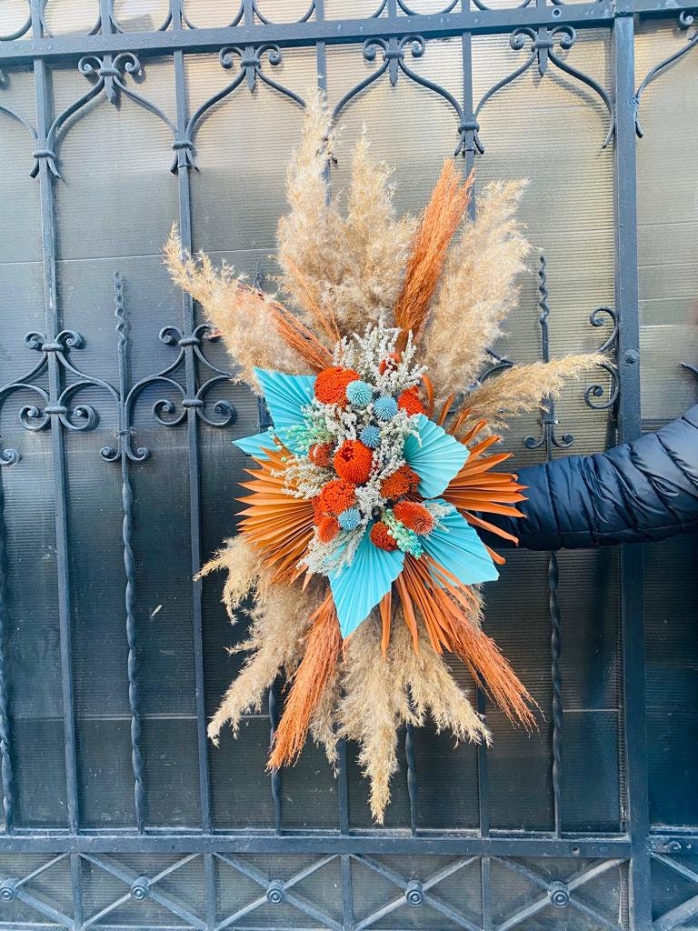 Rust Boho Flower Arch, Pampas Arch, Wedding Corner Swag, Rust and Blue ...