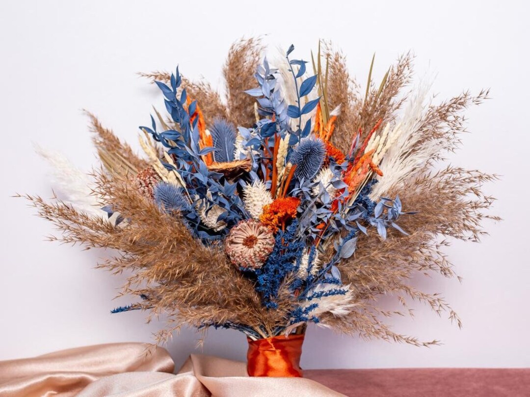 Dusty Blue Rust Bouquet, Neutral Bouquet, Dried Pampas Wedding, Boho ...