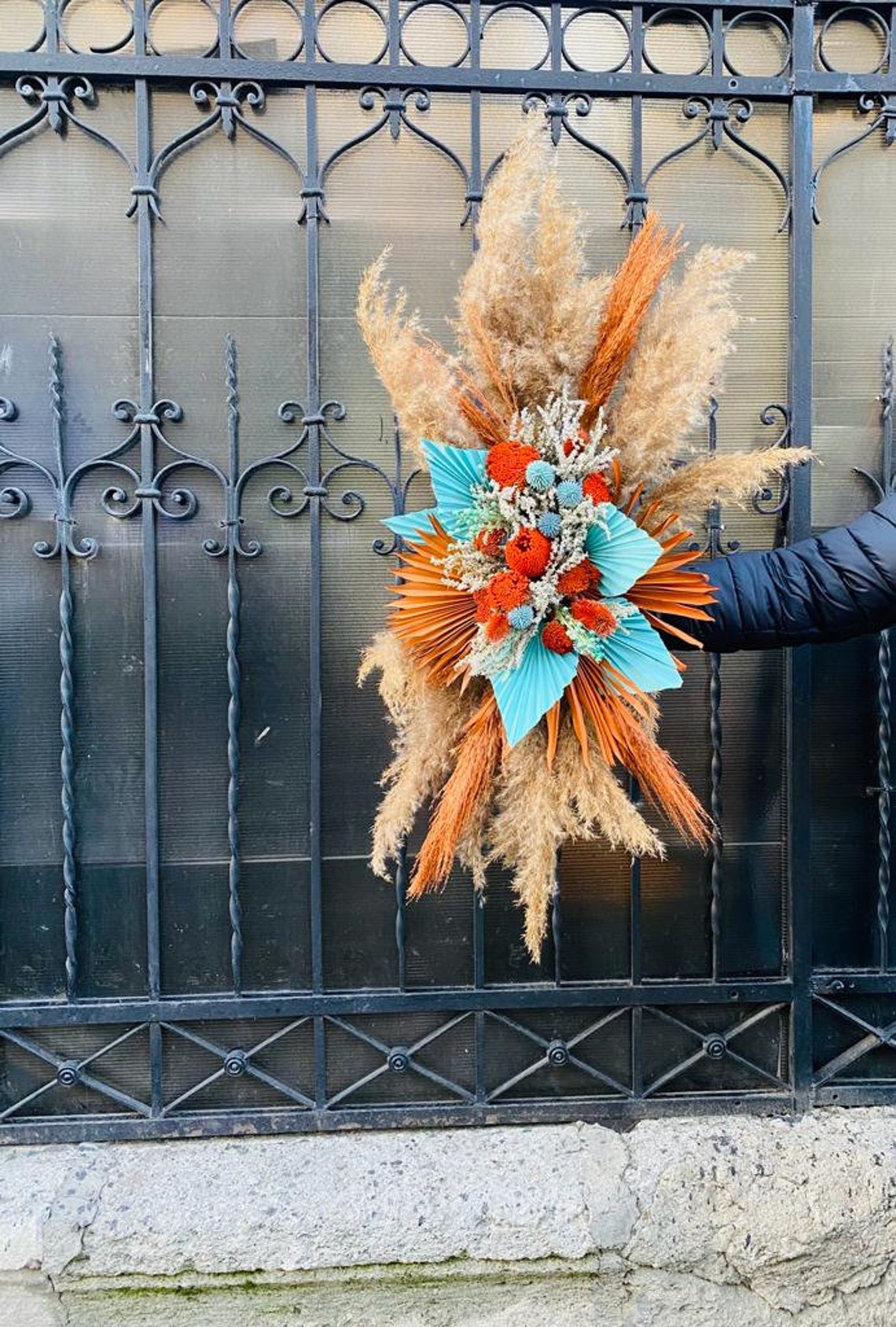 Rust Boho Flower Arch, Pampas Arch, Wedding Corner Swag, Rust and Blue ...