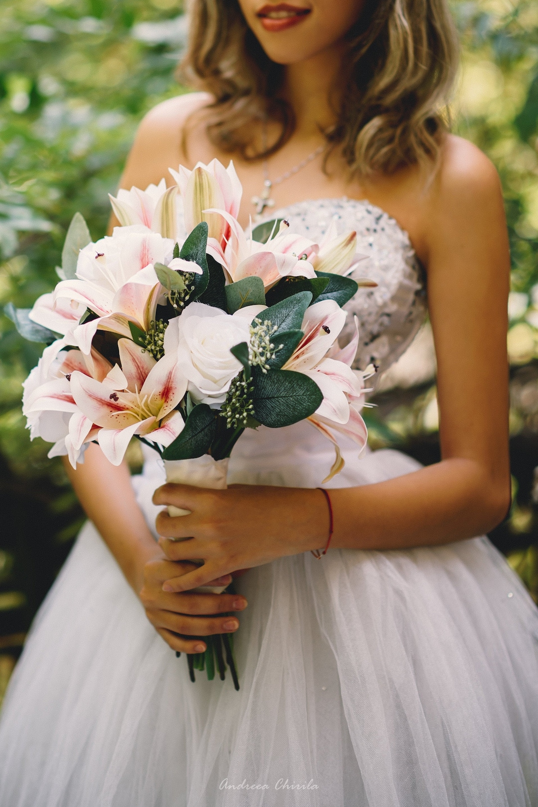 Light Pink Lilies Bouquet, White Roses Bridal Bouquet, Real Touch ...