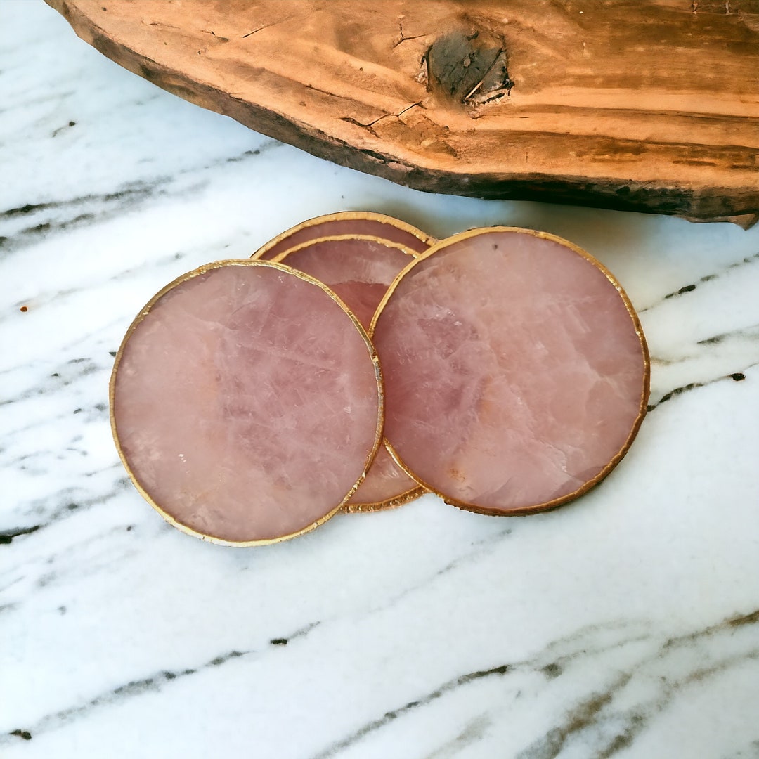 Rose Quartz Coasters With Golden Edge - Crystal Home Decor, Set of 4 - Etsy