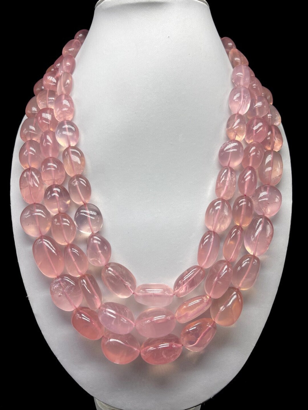 Natural Rose Quartz Necklace Three Lines Pink Rose Quartz Beads ...