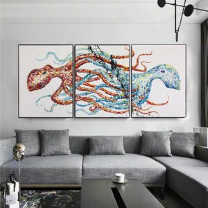 Abstract Octopus Art Triptych Paintings on Canvas Impasto Oil Artwork ...